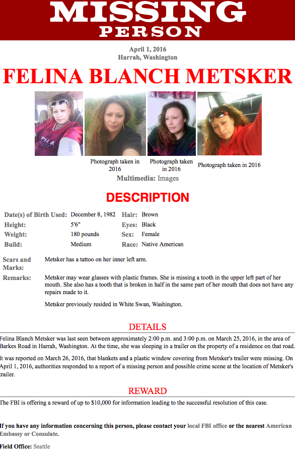 FBI Offers $10,000 Reward for Information in Felina Metsker Missing ... FBI Offers $10,000 Reward for Information in Felina Metsker Missing ...